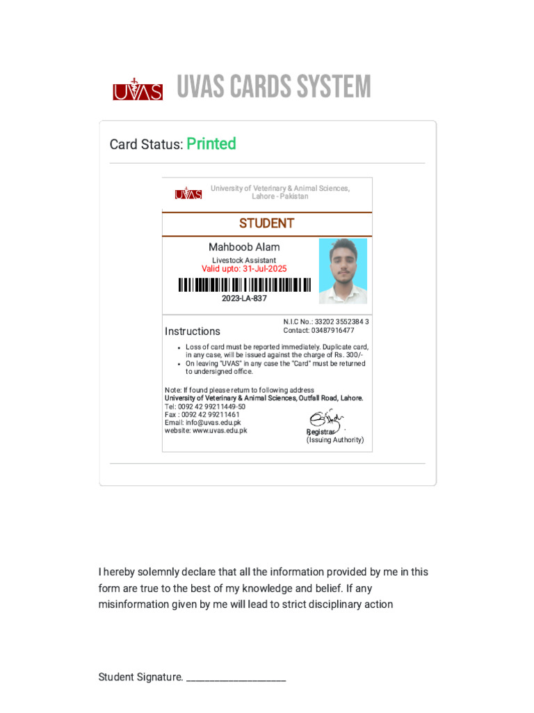 UVAS Student Card Information 2025 | PDF