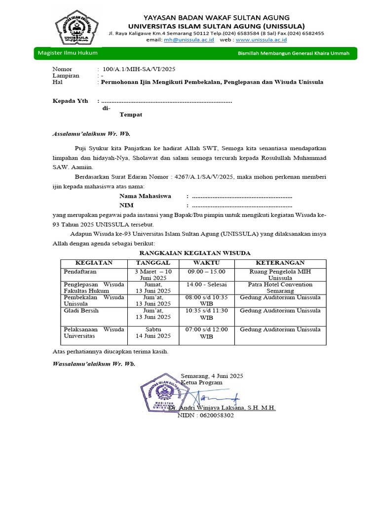 Permohonan Ijin Wisuda UNISSULA 93 | PDF