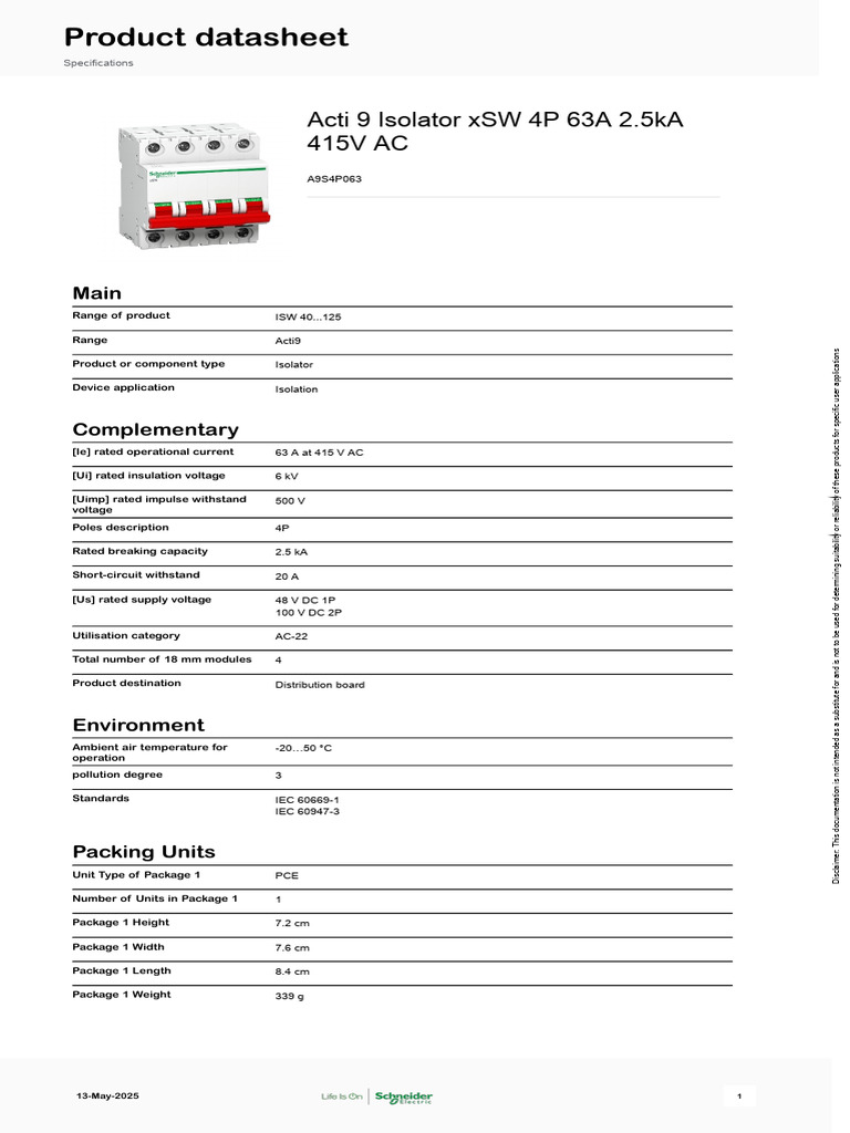 Schneider Electric Acti 9 ISW SW A9S4P063 | PDF | Recycling | Electric ...