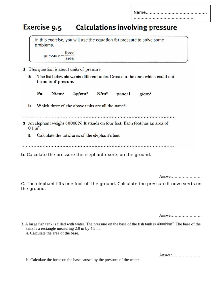 9.5 Pressure Worksheet | PDF | Pressure | Density