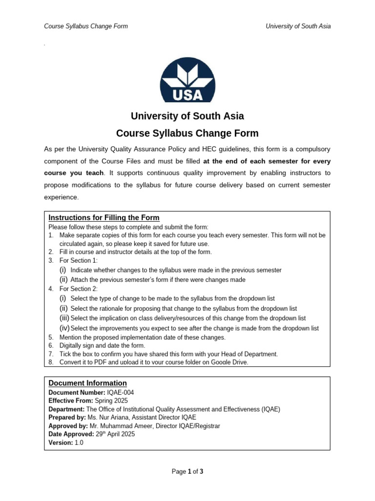Course Syllabus Change Form Guide | PDF