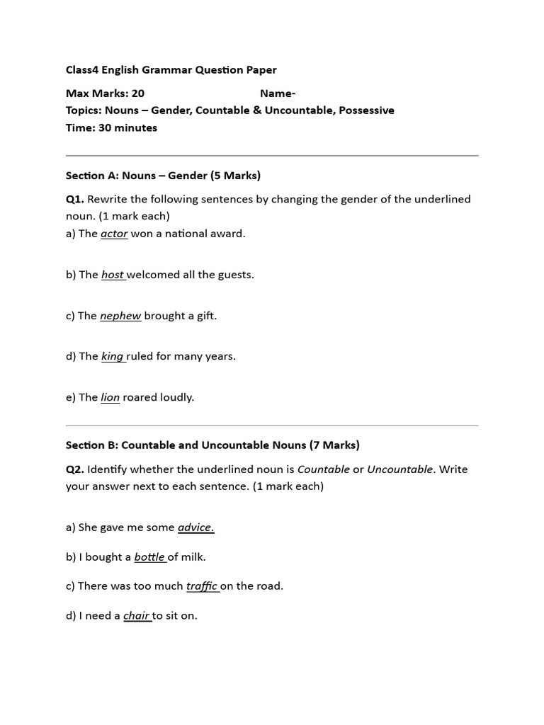 Class4 English Grammar Question Paper | PDF