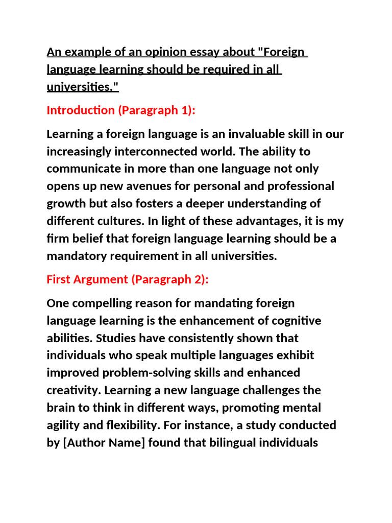 An Example of An Opinion Essay For 10A | PDF | Foreign Language | Learning