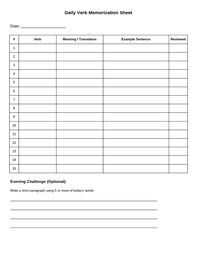 Daily Verb Memorization Sheet | PDF