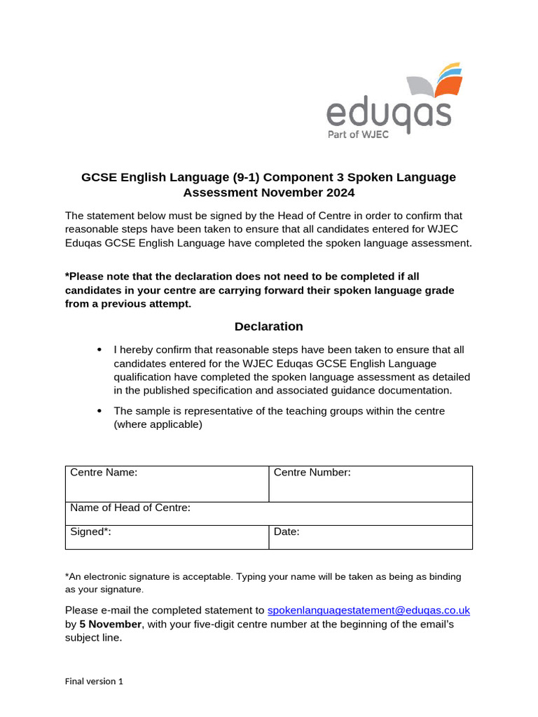 Eduqas Spoken Language Declaration Form | PDF