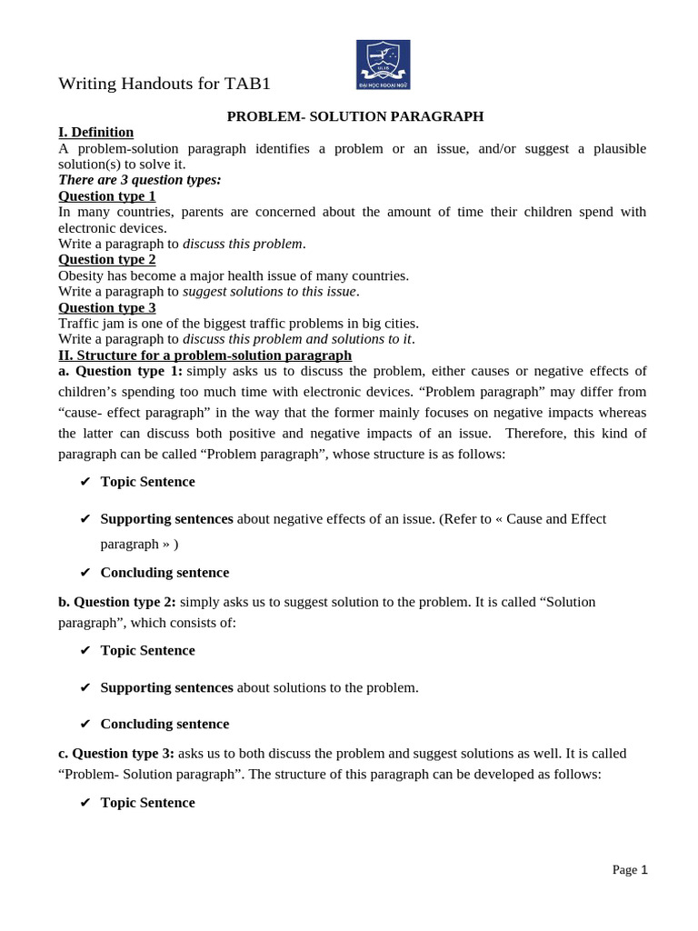 Writing Handout 7. ProblemSolutionParagraph | PDF | Traffic | Traffic ...