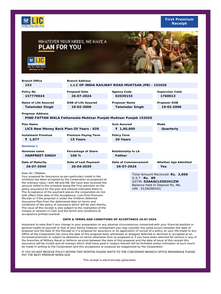 Lic First Premium Receipt | PDF | Financial Services | Money