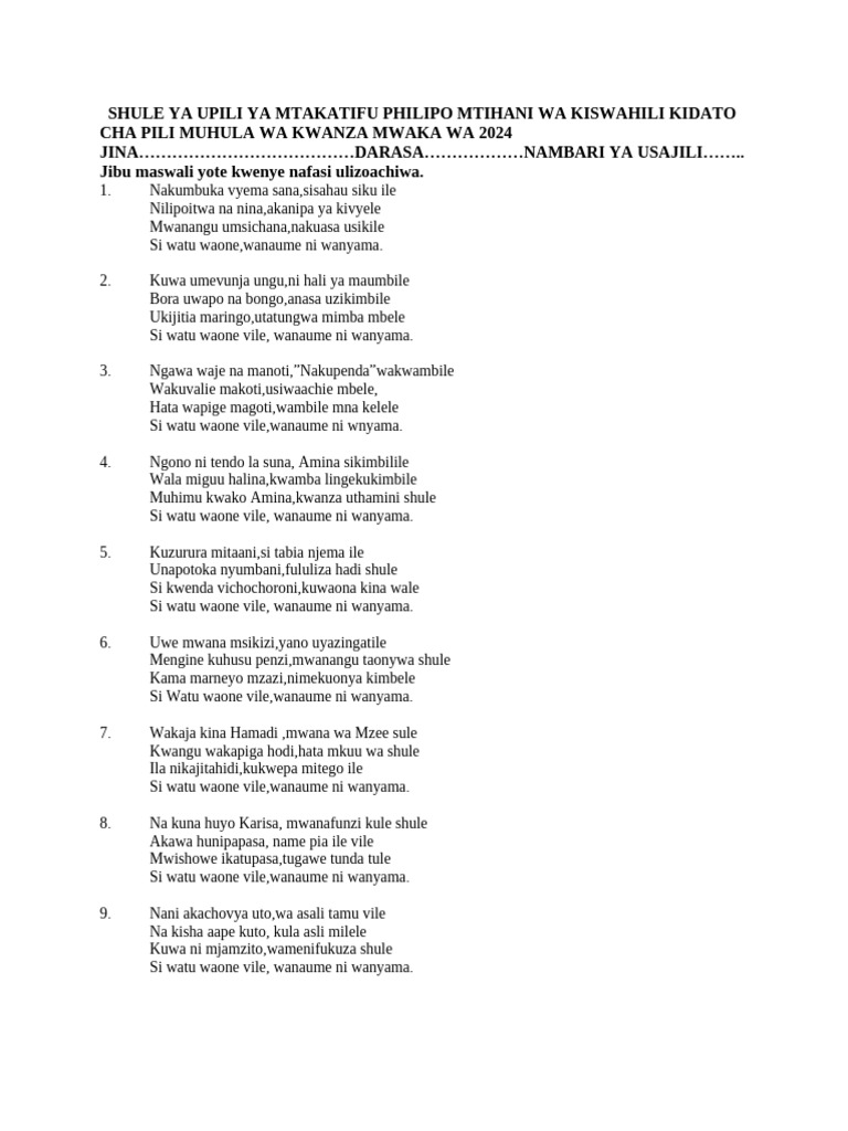 Shule Ya Upili Ya Mtakatifu Philipo Mtihani Wa Kiswahili Kidato Cha ...