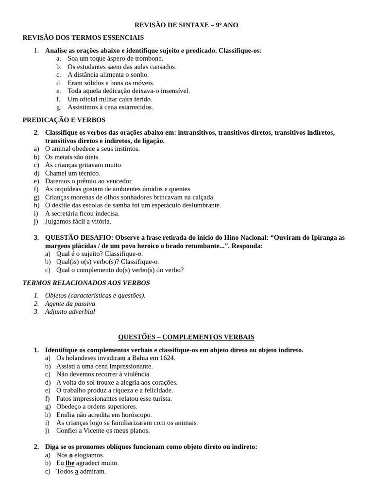 Revisão de Sintaxe Do Período Simples | PDF