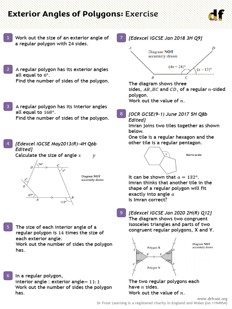 Exterior Angles of Polygons - Exercise | PDF | Polygon | Triangle