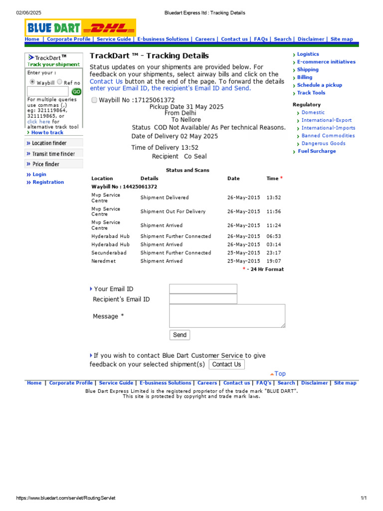 Bluedart Express LTD Tracking Details PDF | PDF