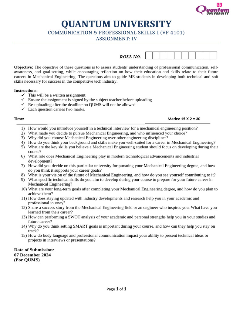 4th (ME) Assignment of Communication & Professional Skills-I | PDF | Goal | Engineering