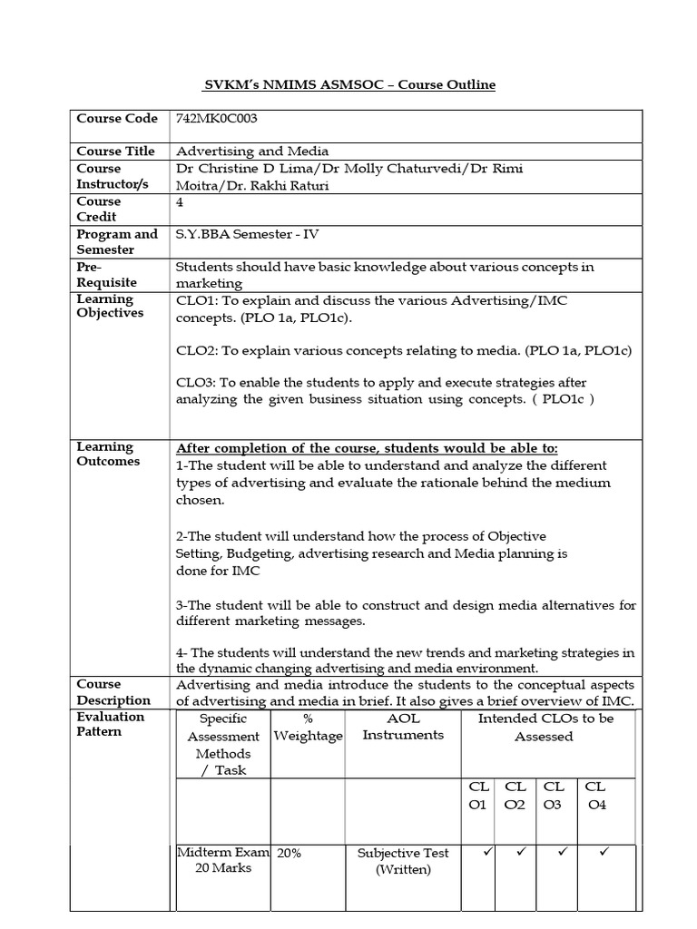 Adv - Media Course Outline (Jan 24) | PDF | Behavior | Advertising