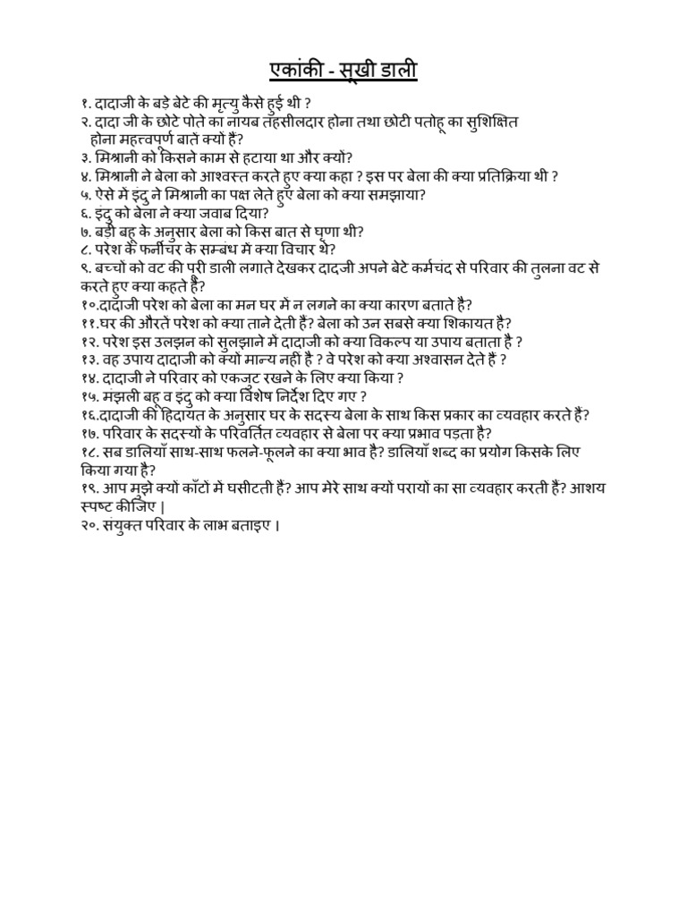Sookhi Daali Question List | PDF