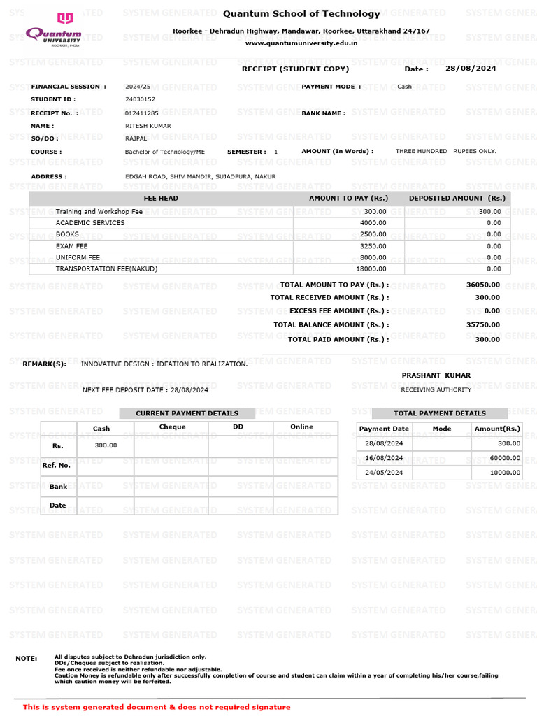 Student Fee Receipt QU | PDF | Payments | Banks