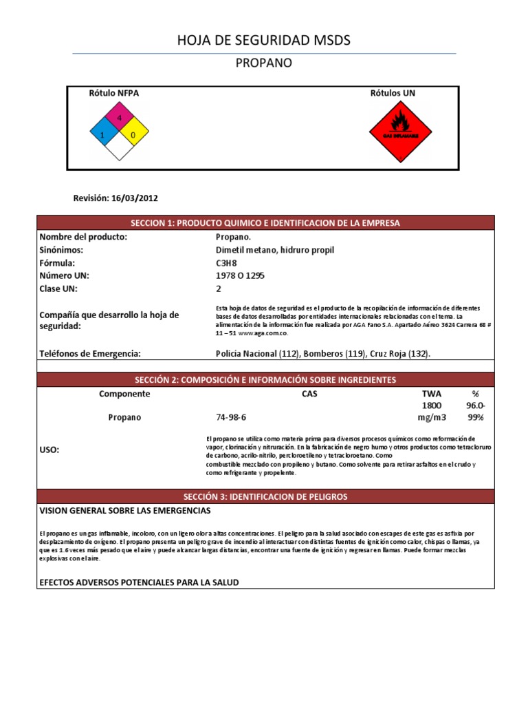 Msds Gas Propano | PDF | Oxígeno | Combustión