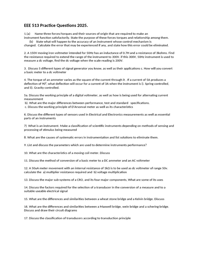 2025 EEE 513 Instrumentation Questions | PDF | Electrical Engineering ...