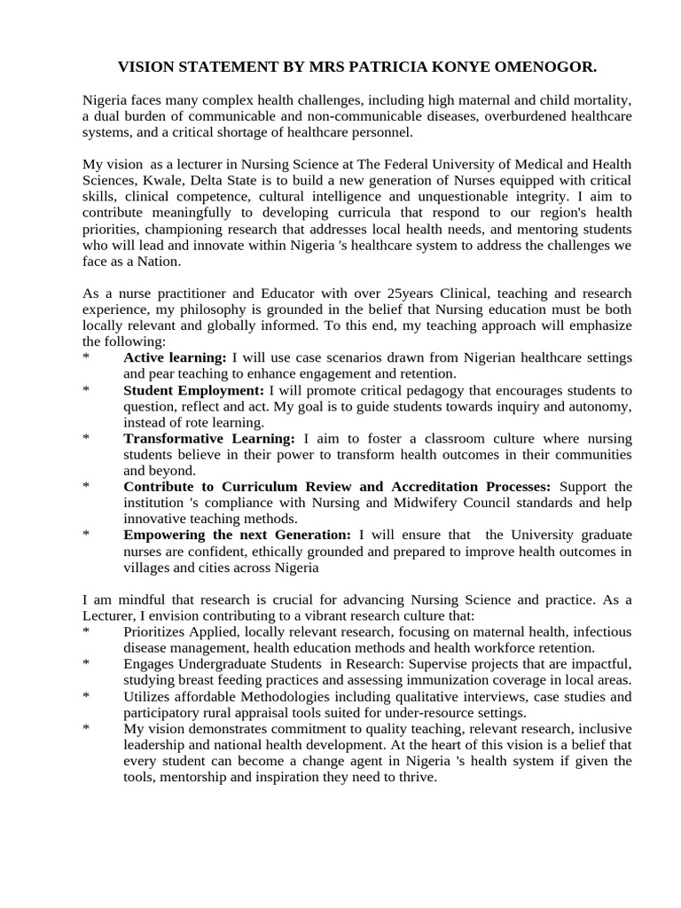 Vision Statement by Mrs Patricia Konye Omenogor | PDF | Health Care ...