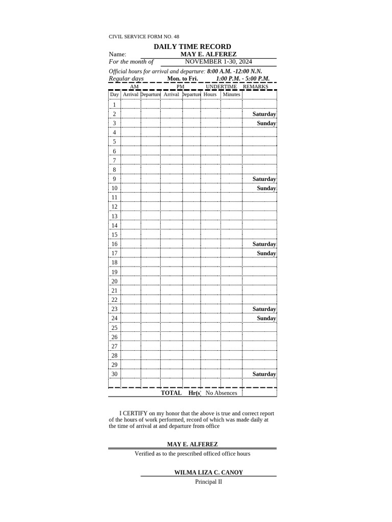 DTR Template | PDF