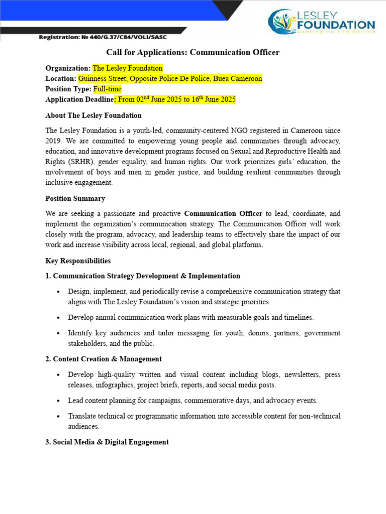 Communication Officer Position at Lesley Foundation | PDF | Public ...
