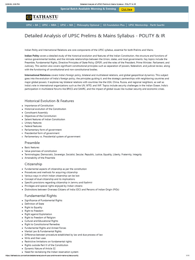 Detailed Analysis of UPSC Prelims & Mains Syllabus - POLITY & IR | PDF ...