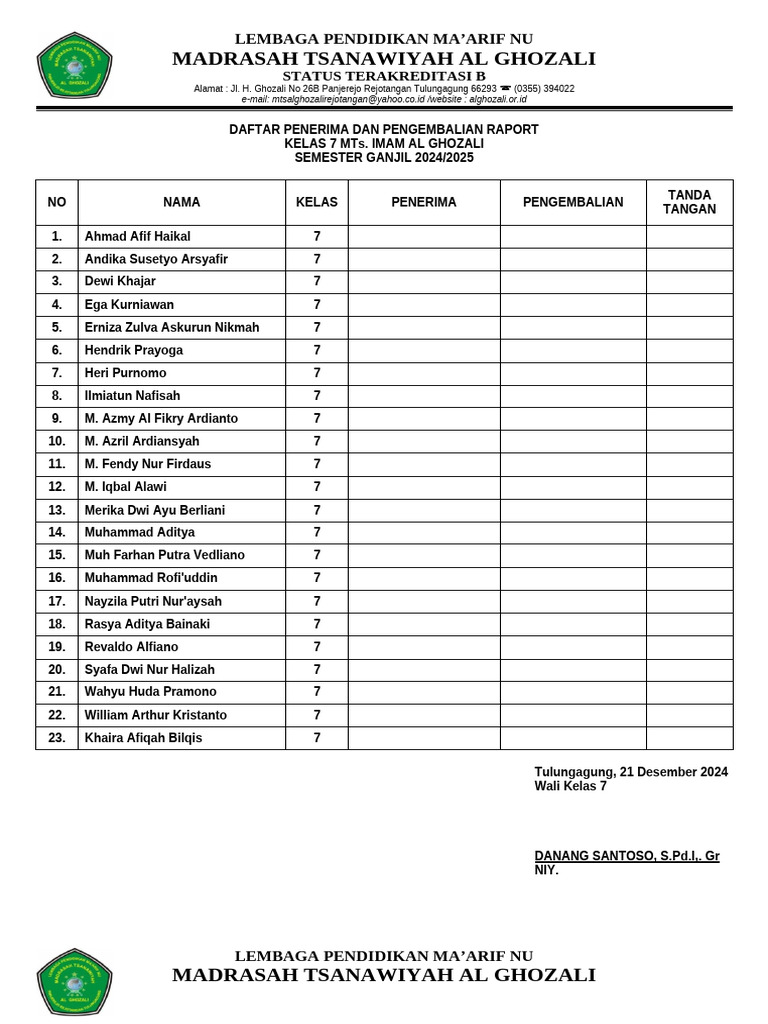 Daftar Pengembalian Raport MTs Al Ghozali | PDF