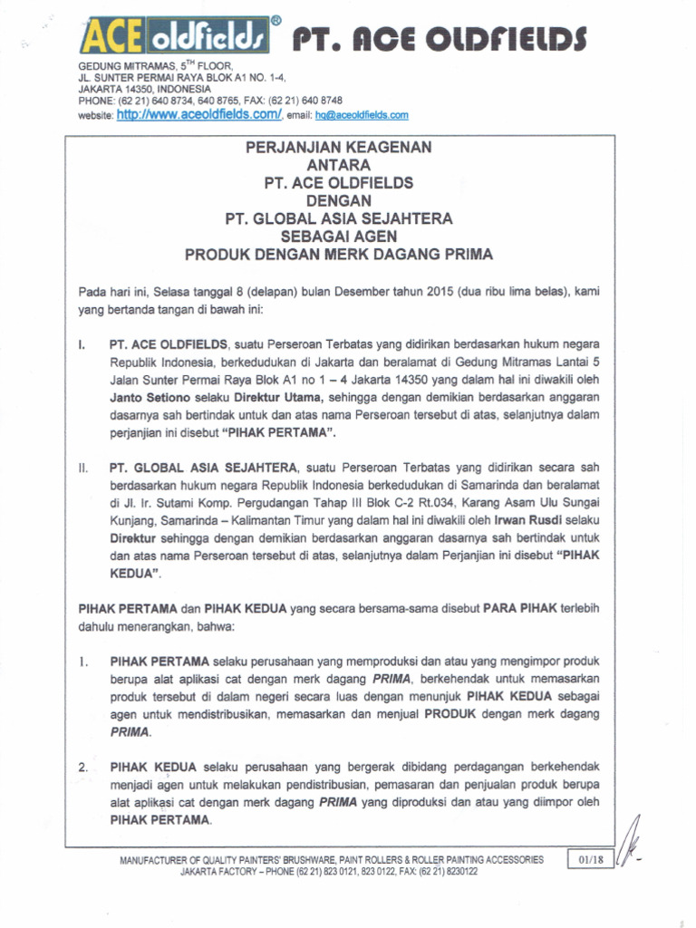 Perjanjian Keagenan Merk Dagang Prima | PDF