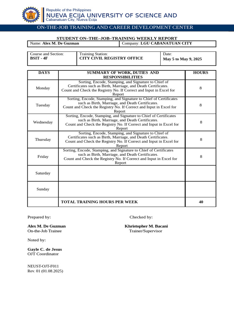 Neust-Ojt-F011 Weekly Report | PDF