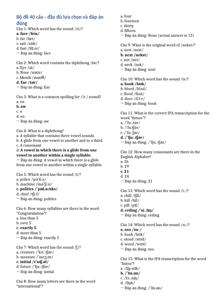 Midterm1 Bo de Day Du Cau 1 40 | PDF | Linguistics | Phonetics