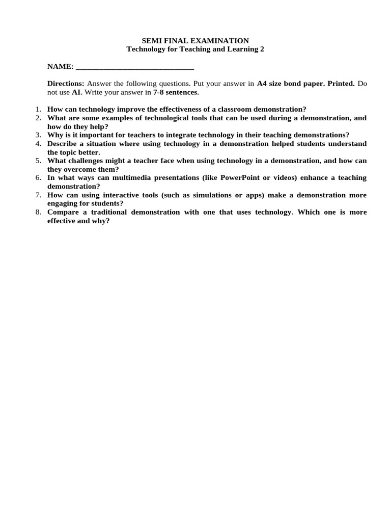 TTL2 Semi Final Exam | PDF