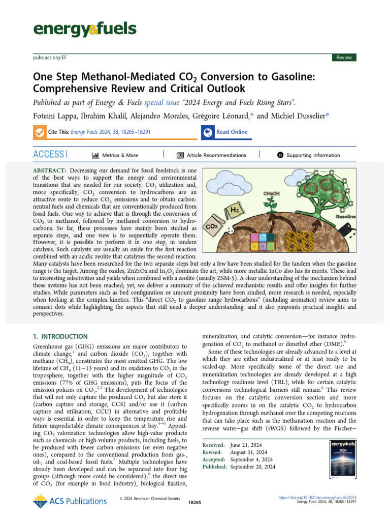 Lappa Et Al 2024 One Step Methanol Mediated Co2 Conversion To Gasoline Comprehensive Review and ...