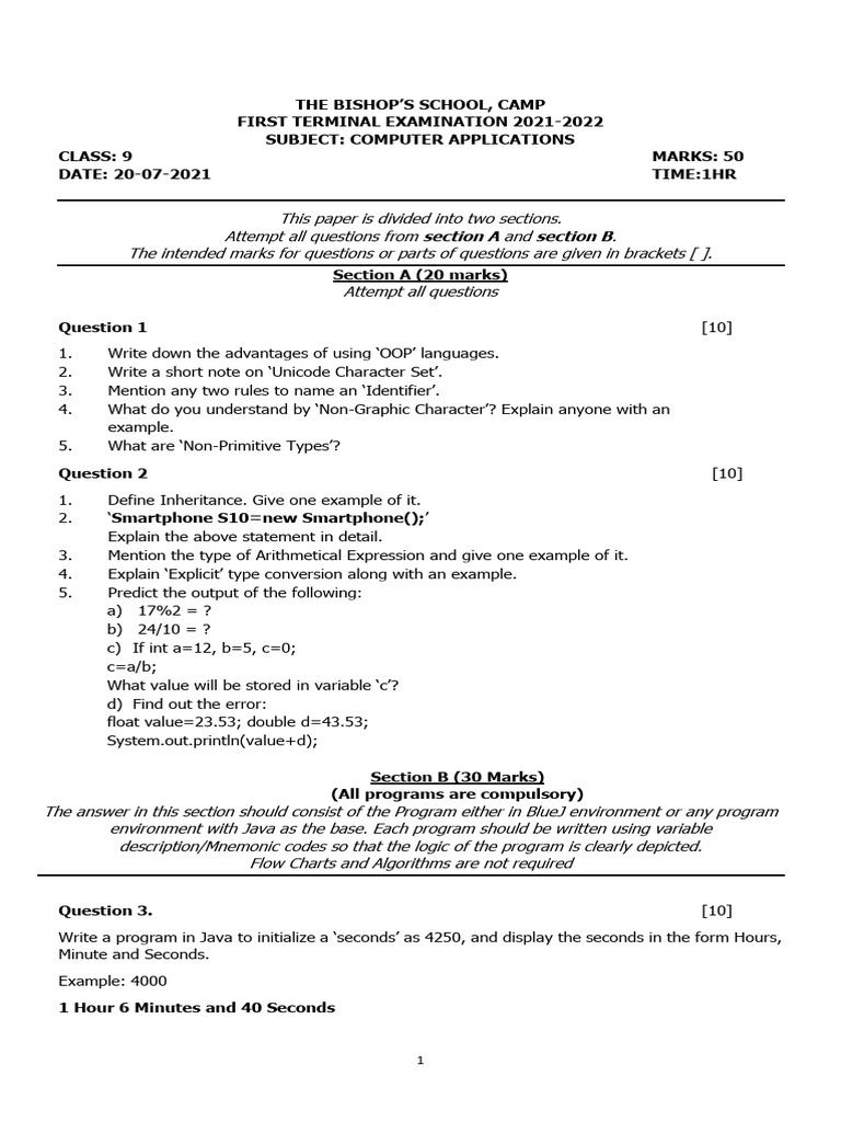 Class 9 Computer Applications Exam 2021 | PDF | Computer Program ...