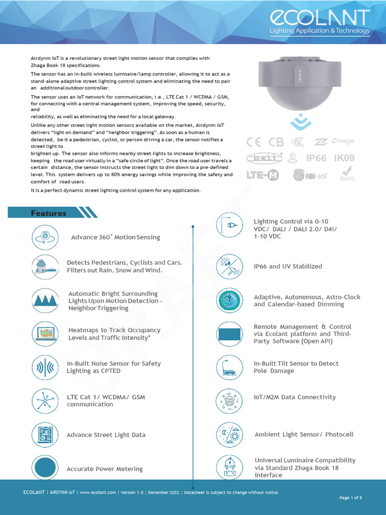 DRAFT Airdynm IoT Datasheet_2022.12.08 | PDF | Street Light | Internet Of Things