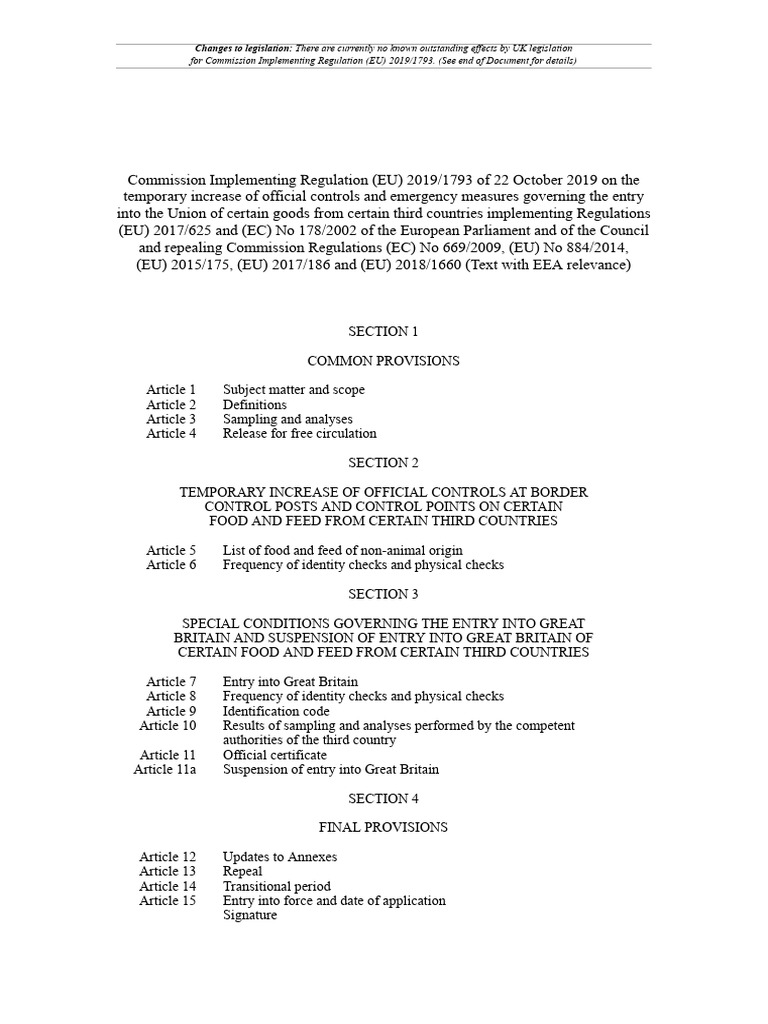 Commission Implementing Regulation (EU) 2019 1793 微生物 | PDF | European Union | Mycotoxin