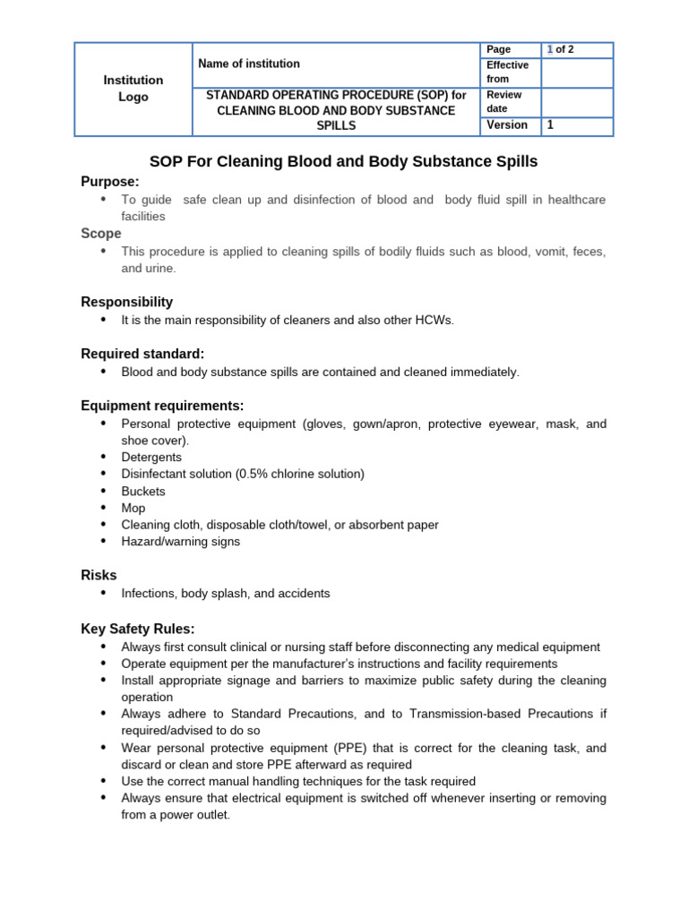 Blood and Body Fluid Spills | PDF | Personal Protective Equipment ...