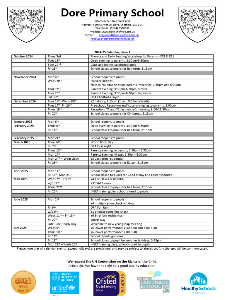 Dore Primary School Calendar 2024-25 | PDF