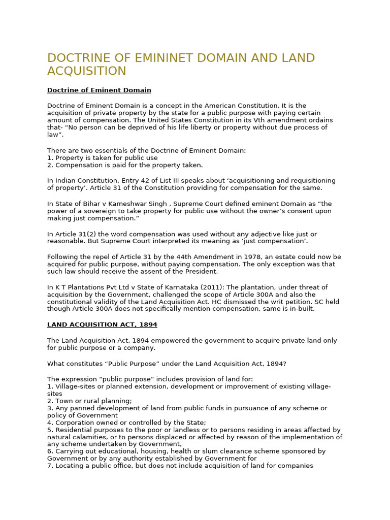 Doctrine of Emininet Domain and Land Acquisition | PDF | Eminent Domain ...