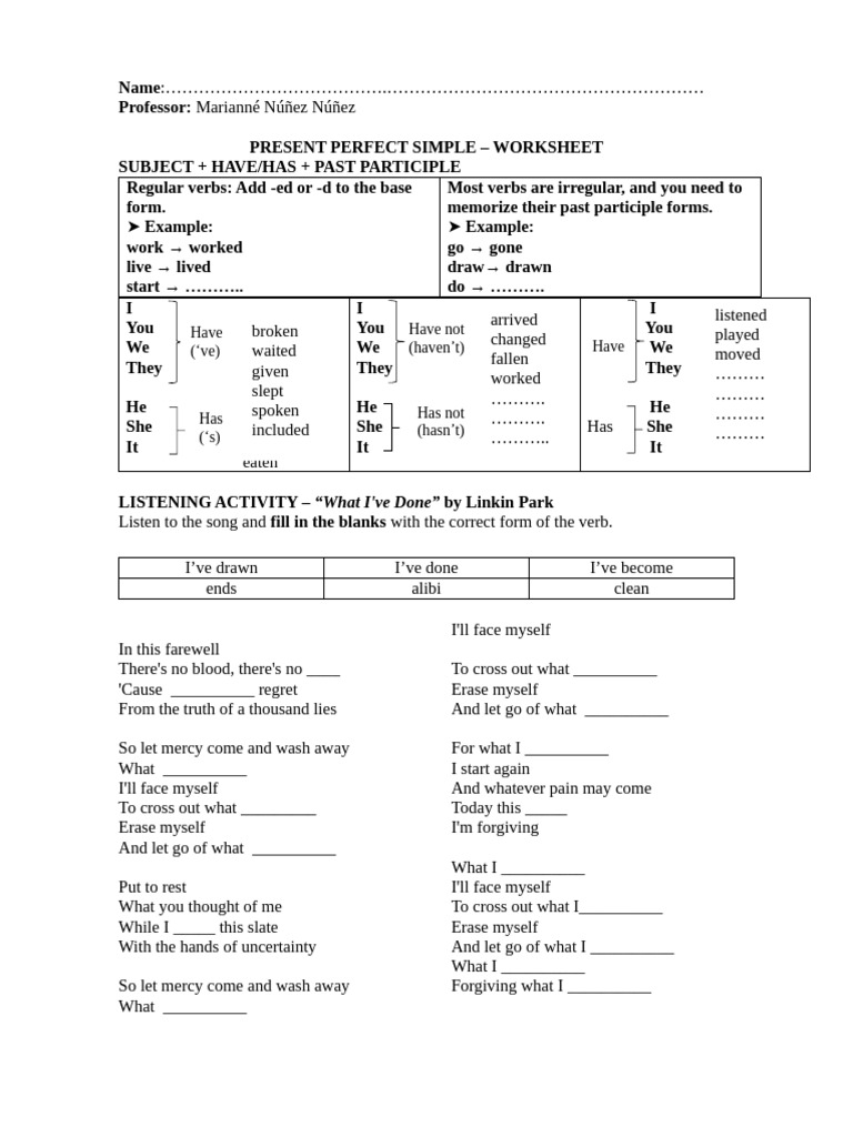 Present Perfect Worksheet + Exercices | PDF | Syntax | Language Mechanics