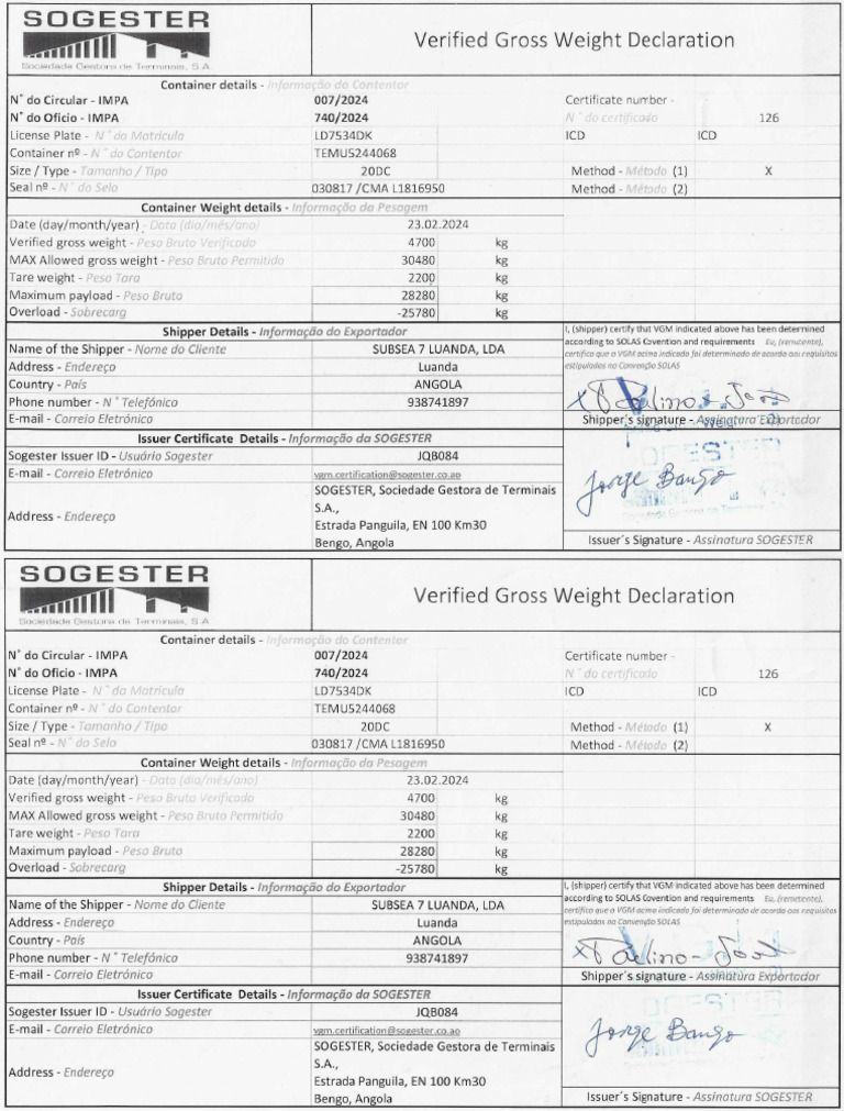 SOGESTER - Weight Declaration | PDF