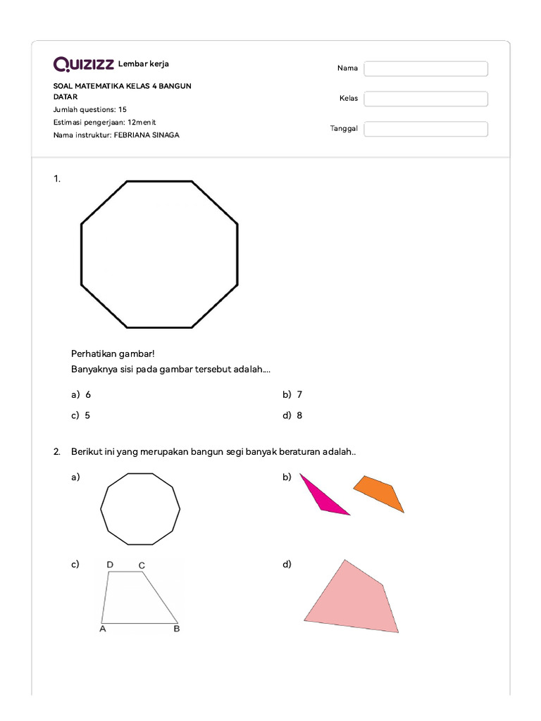 Soal Matematika Kelas 4 Bangun Datar - Quizizz | PDF