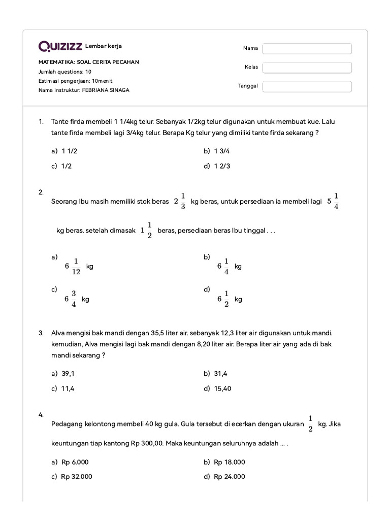 Matematika_ Soal Cerita Pecahan _ Quizizz | PDF