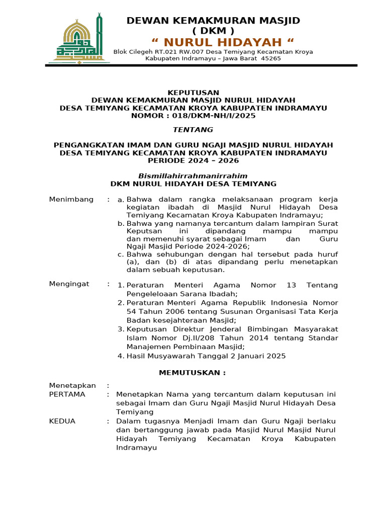 SK Pengangkatan Imam dan Guru Ngaji | PDF