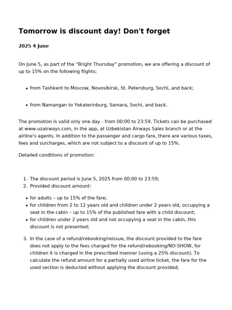 Ertaga Chegirmalar Kuni Unutmang | PDF | Airlines | Aviation