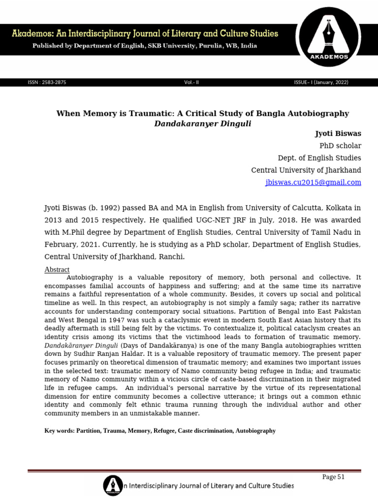 Jyoti Biswas Paper On Dandakaranya | PDF | Psychological Trauma | Partition Of India