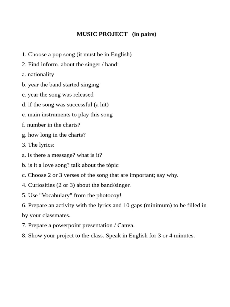 Pop Song Project Guidelines | PDF