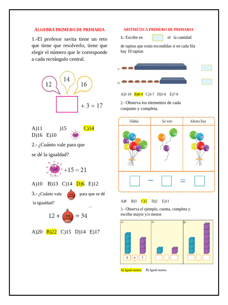Álgebra Primero de Primaria Aritmetica | PDF
