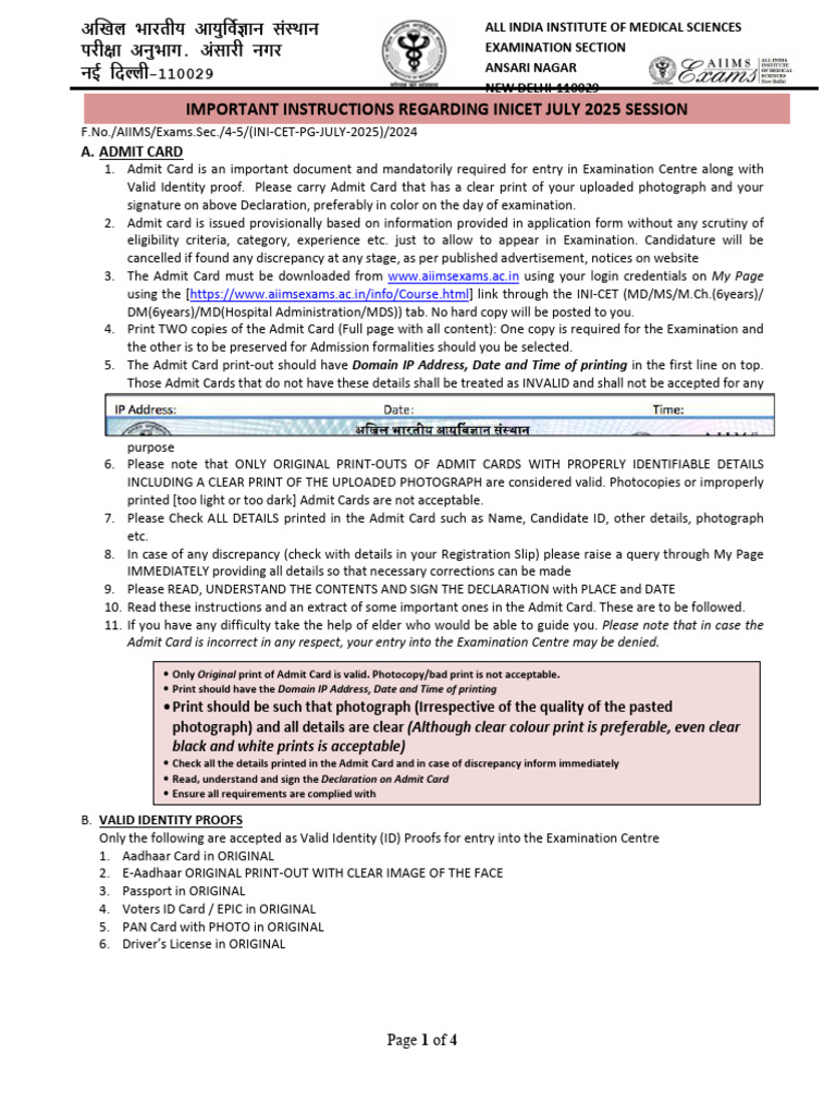 1 Admit Card 17th May 2025 Inicet-Instructions | PDF | Identity ...