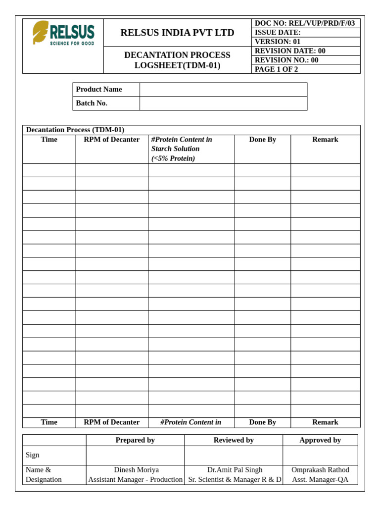 Decantation (TDM-01) Logsheet | PDF