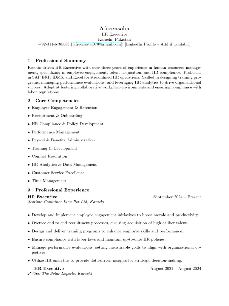 Resume - HR Executive - Afreen Saba | PDF | Human Resources | Human Resource Management