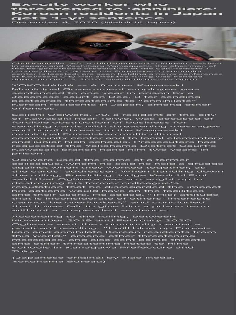 Ex-city Worker Who Threatened to 'Annihilate' Korean Residents in Japan ...